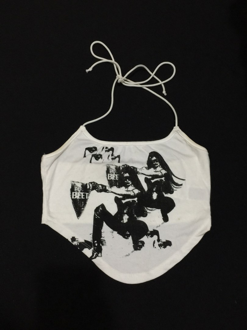 Abstract Contrast Halter Backless Ribbed Self Tie Crop Top Womens Fashion Tops Others Tops