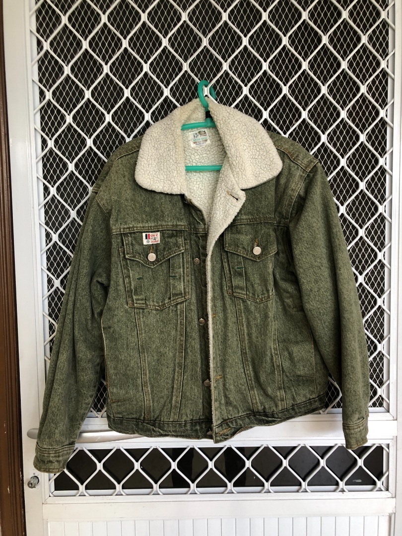 Blue Way Vintage Green Denim Biker Jacket / Fur Jacket, Men's Fashion ...