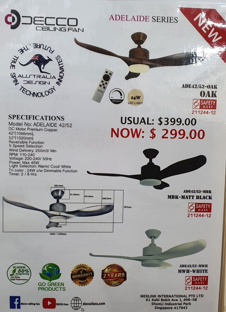 Decco Adelaide Ceiling Fan 42 Inch with LED dimmer, Furniture & Home ...