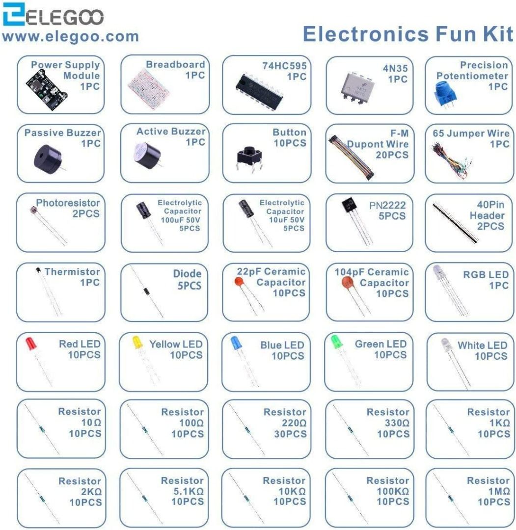 ELEGOO Electronic Fun Kit Breadboard Cable Resistor Capacitor LED ...