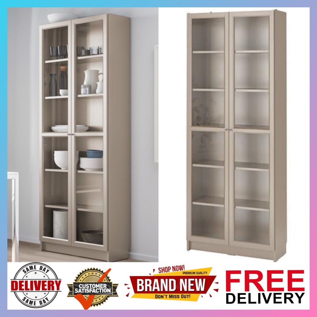 Ikea Billy kitchen cabinets, BILLY Bookcase with glass doors Grey ...