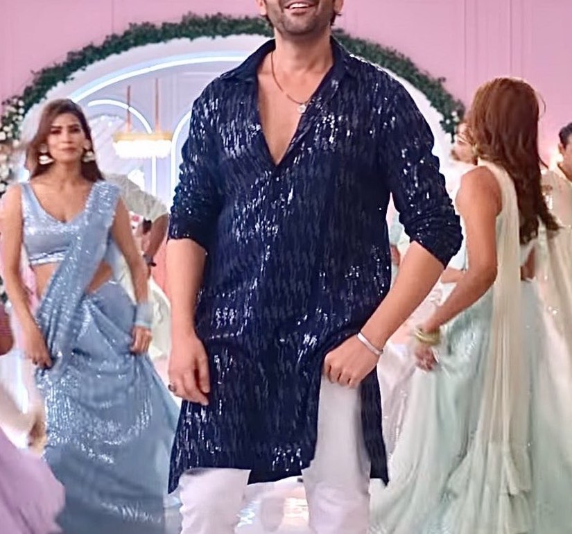 Kurta shiny shimmery sequins, sherwani, full set, dark blue, teal blue ...