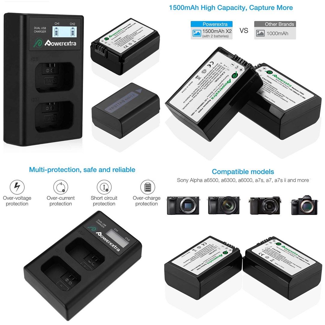 Powerextra 2 Pack Replacement Sony NP-FW50 Battery & Smart LCD Display Dual Channel Charger ...