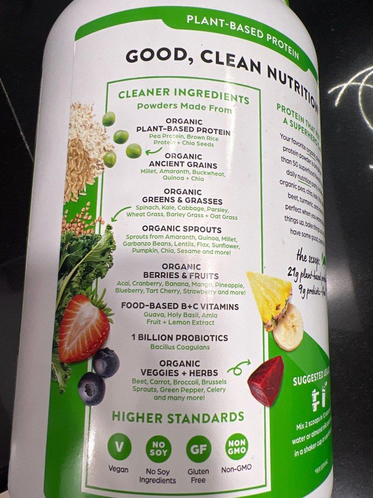 Protein powder shake plant-based superfoods organic, Health & Nutrition ...