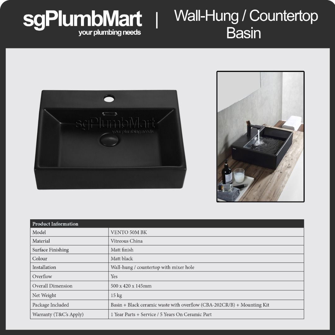 Rubine x sgPlumbMart VENTO 50M Wall Hung / Countertop Ceramic Basin ...