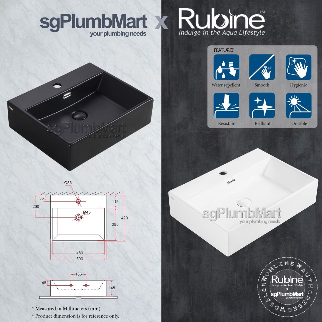 Rubine x sgPlumbMart VENTO 50M Wall Hung / Countertop Ceramic Basin ...