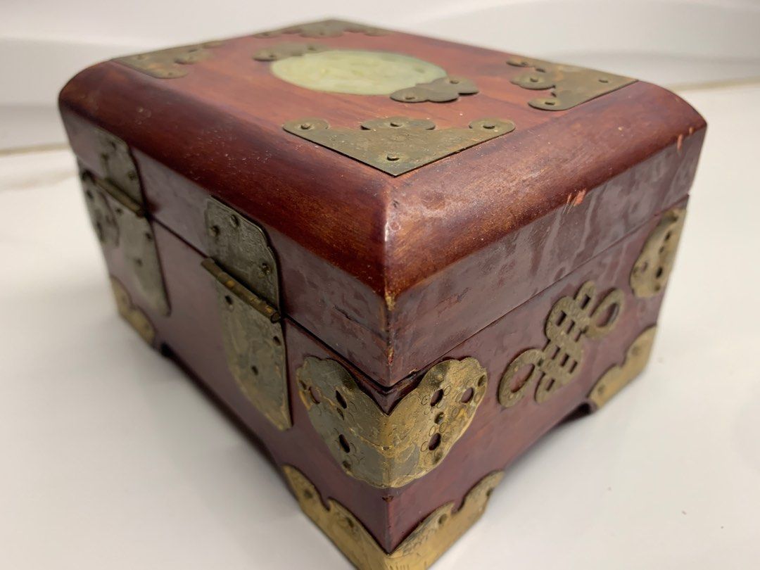 Vintage Chinese Wood Brass Jewelry Box with Lock Red Silk inside ...