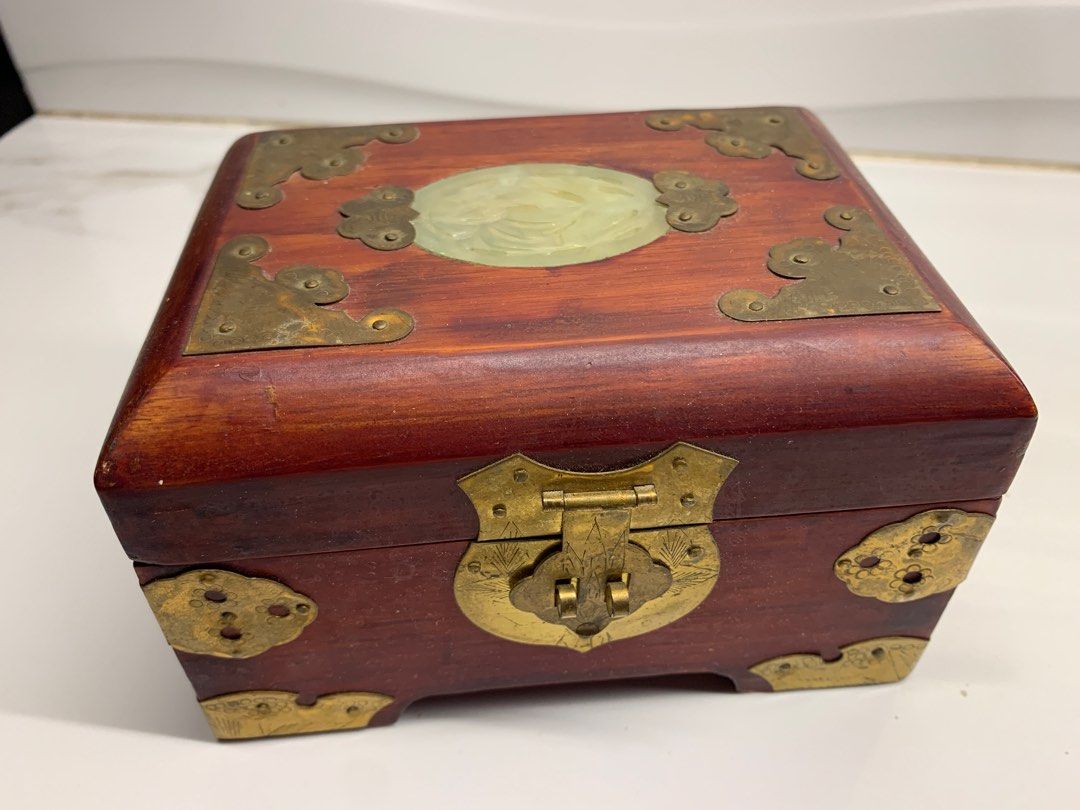 Vintage Chinese Wood Brass Jewelry Box with Lock Red Silk inside ...