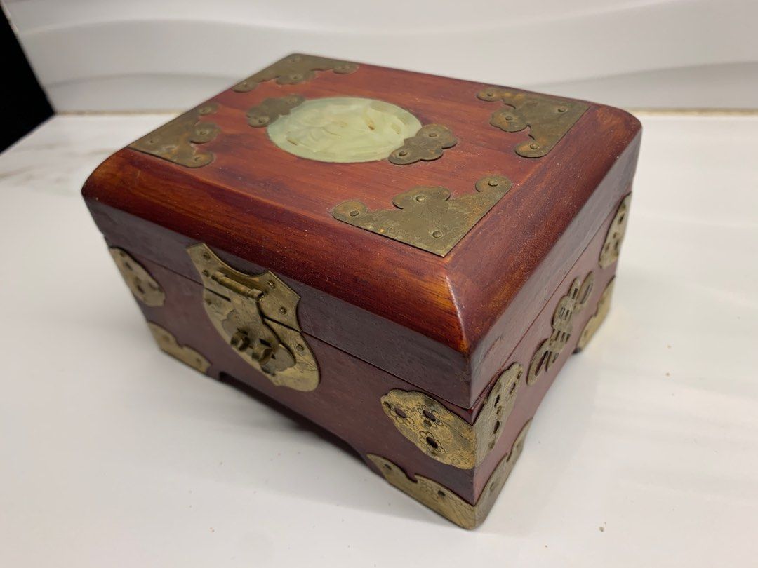 Vintage Chinese Wood Brass Jewelry Box with Lock Red Silk inside ...