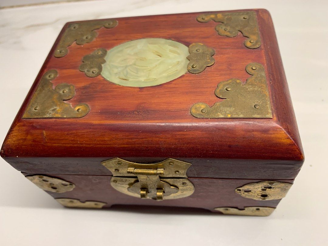 Vintage Chinese Wood Brass Jewelry Box with Lock Red Silk inside ...