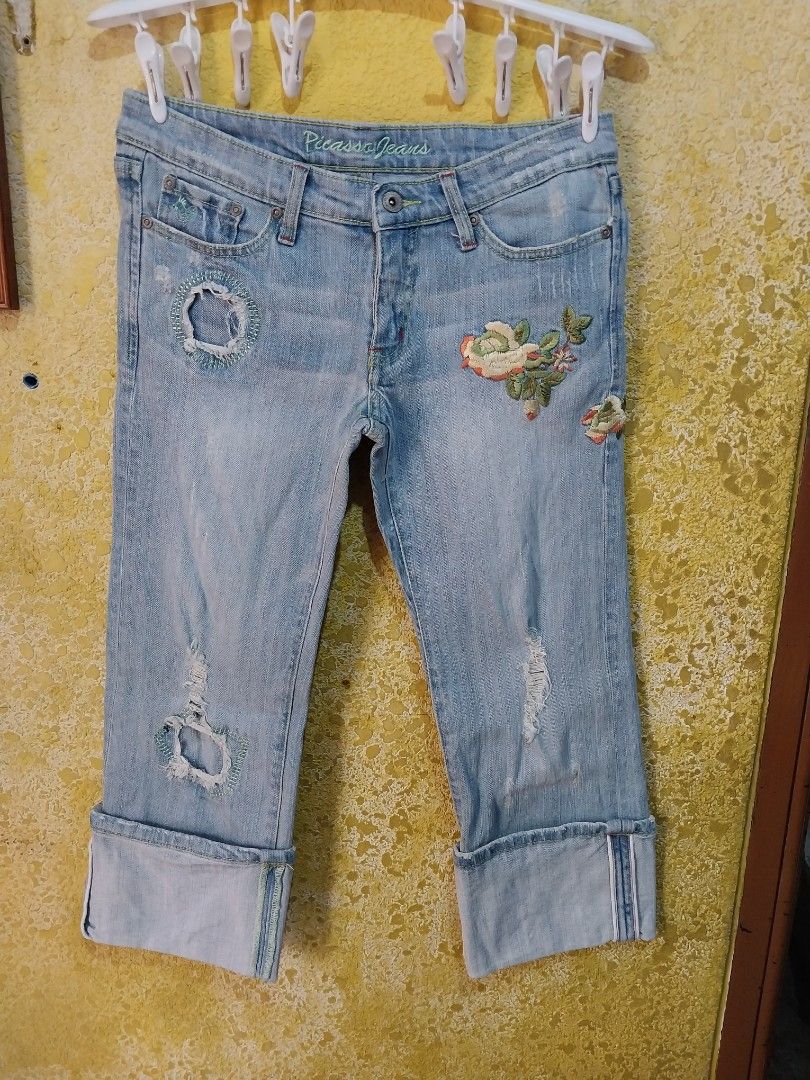 Picasso embroidered tattered jeans, Women's Fashion, Bottoms, Jeans on ...