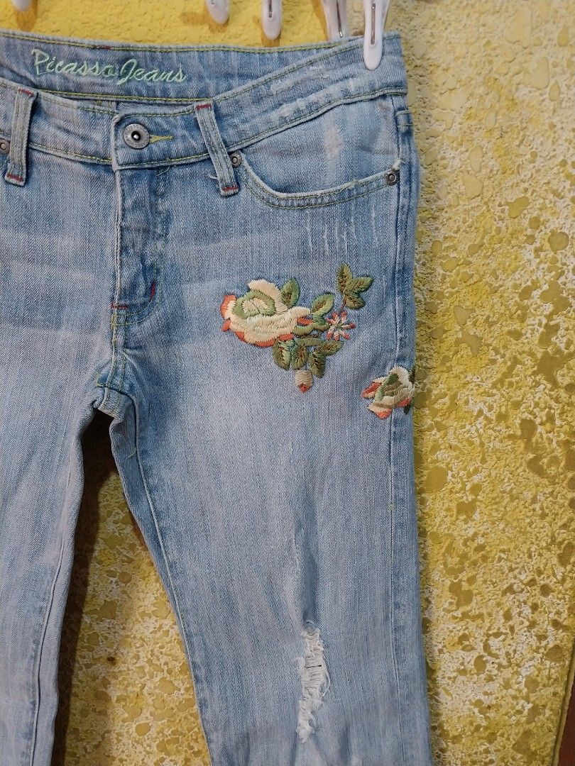 Picasso embroidered tattered jeans, Women's Fashion, Bottoms, Jeans on ...