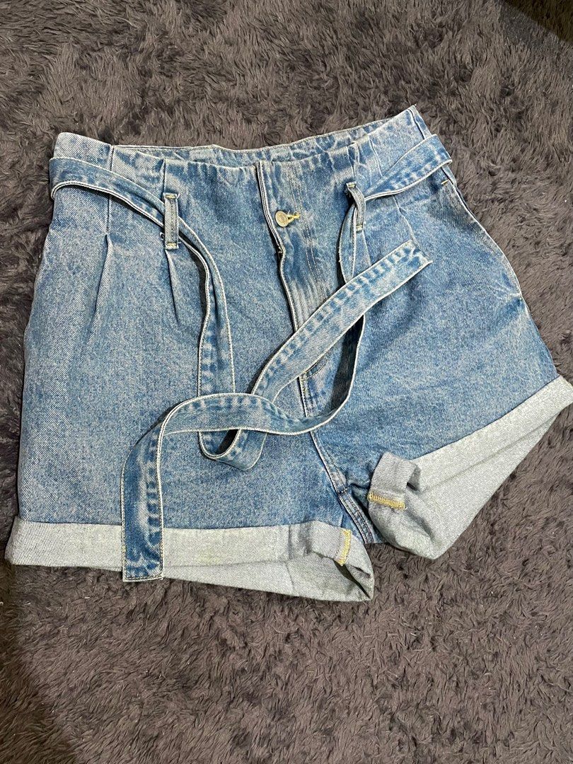 Pomelo Paperbag Waist Denim Shorts Light Blue Big Size Fesyen Wanita
