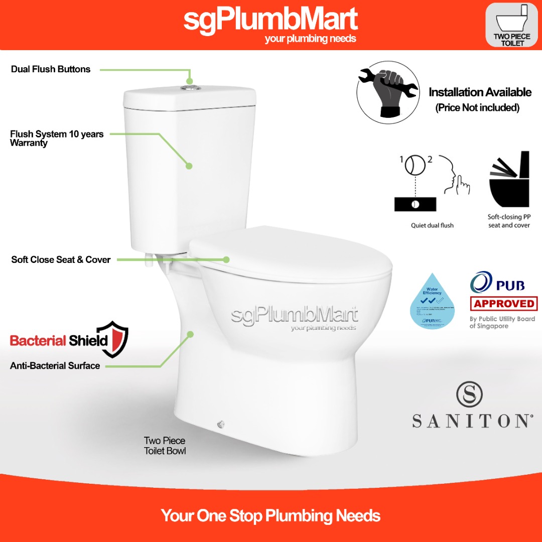 Saninton x sgPlumbMart 2-Piece Toilet Bowl Two Piece WC Water Closet S ...