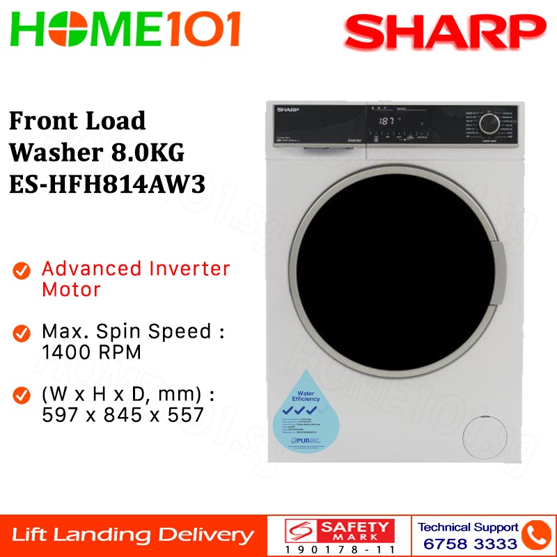 Sharp Front Load Washing Machine 8.0KG ES-HFH814AW3, TV & Home Appliances, Washing Machines and ...