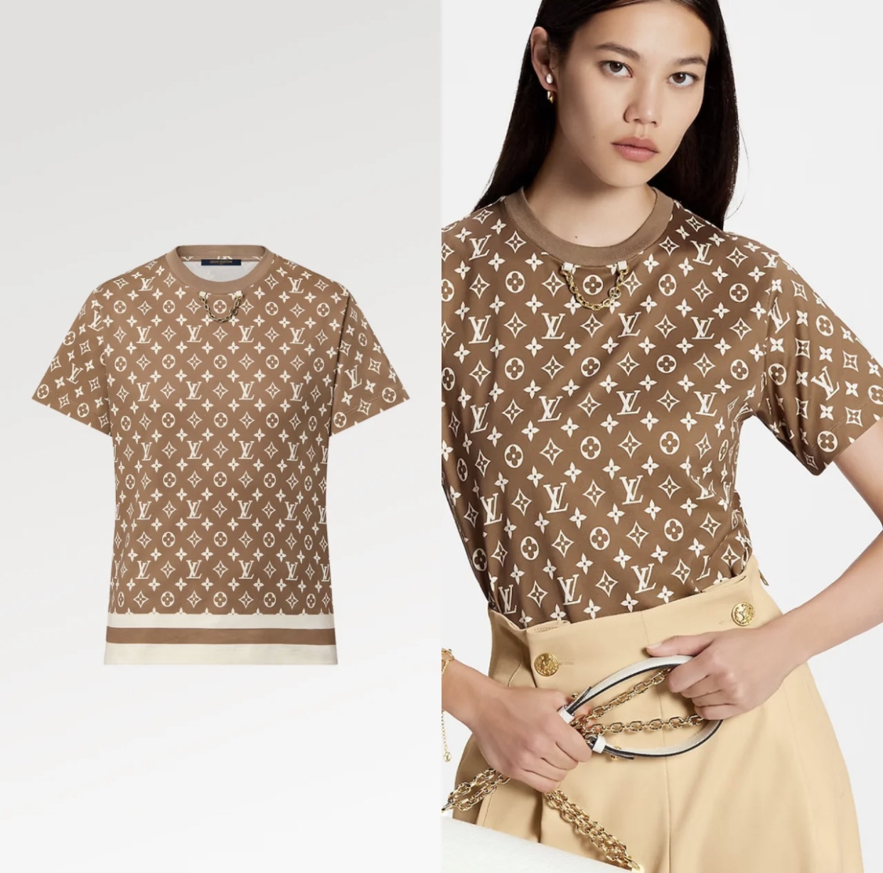 Authentic lv milk tea color old flower chain T, Women's Fashion, Tops ...