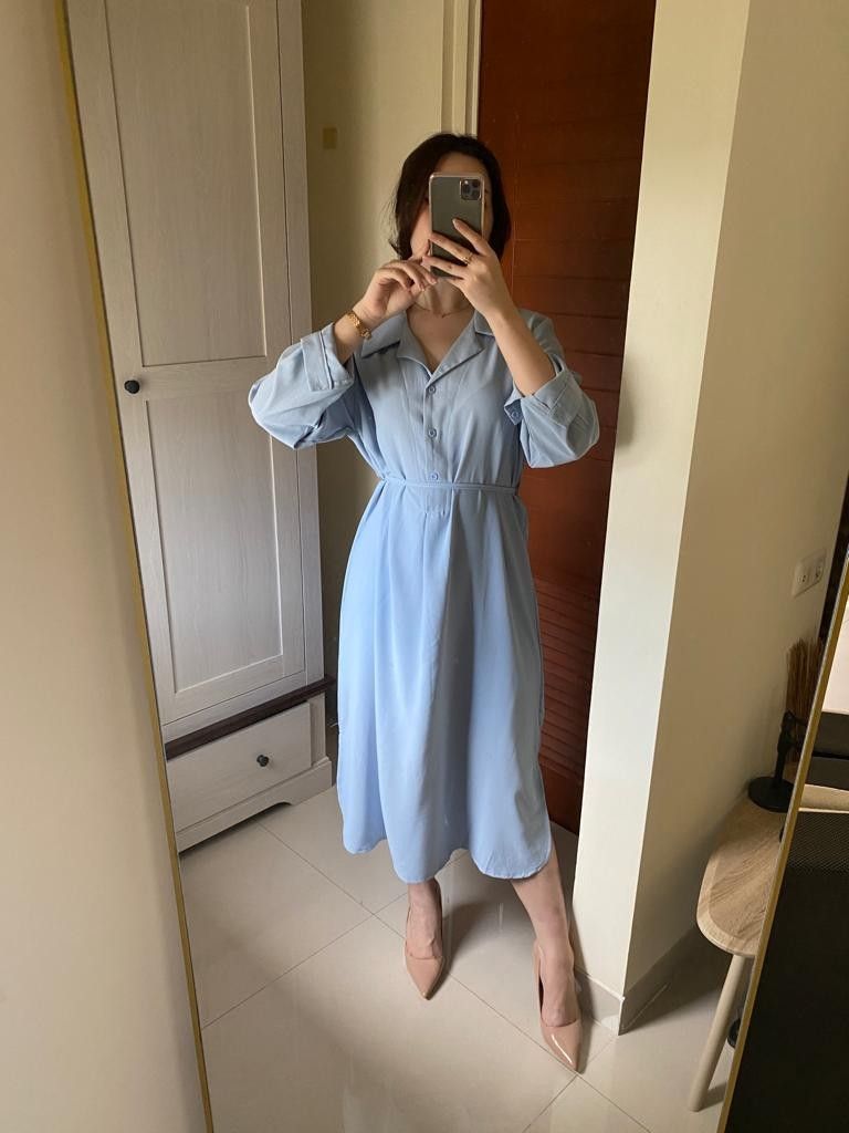 Long dress biru muda lengan panjang / baju kerja formal, Fesyen Wanita ...