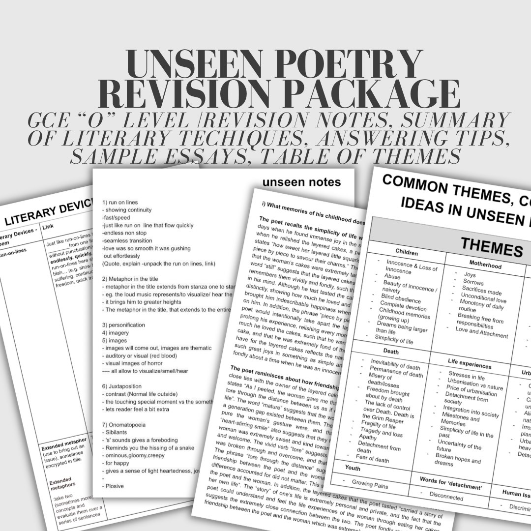 o level literature | unseen poetry revision package notes bundle ...