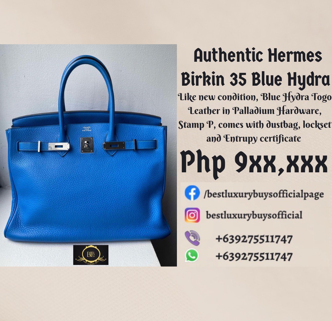 Onhand Authentic Hermes Birkin 35 B35 Blue Hydra Hand Bag with Entrupy Certificate of ...