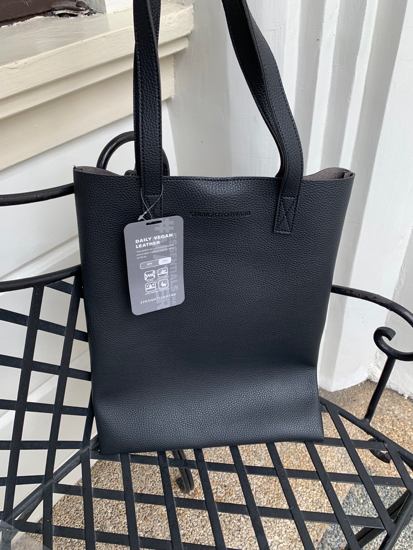 Straightforward Pebbled Vegan Leather Tote Bag (Black) on Carousell