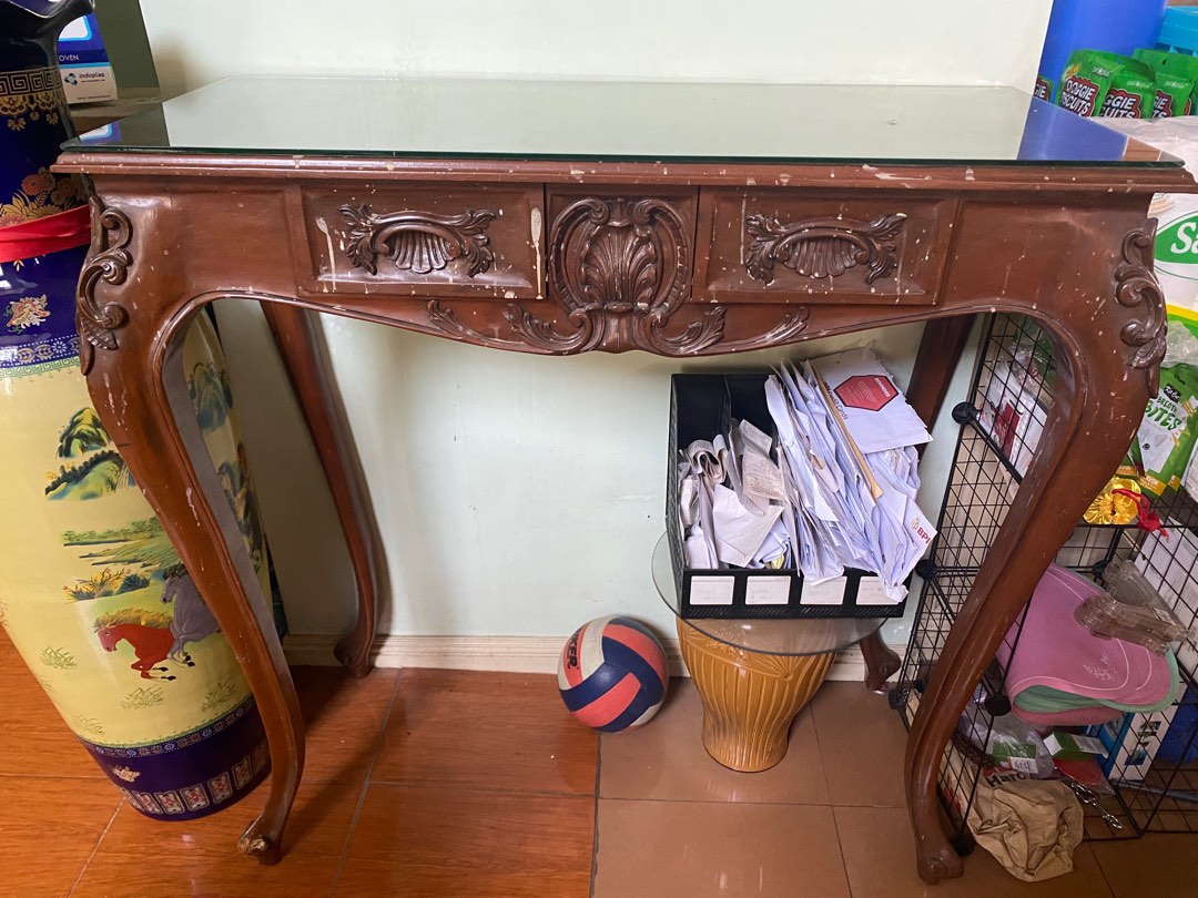 Vintage Narra Console Table with 2 functional drawers and glass cover ...