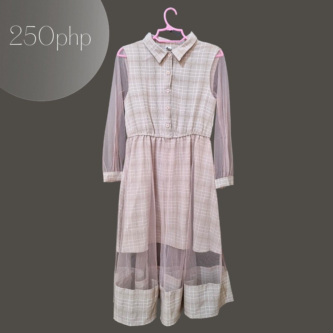 Beige Plaid Mesh Sheer Dress on Carousell