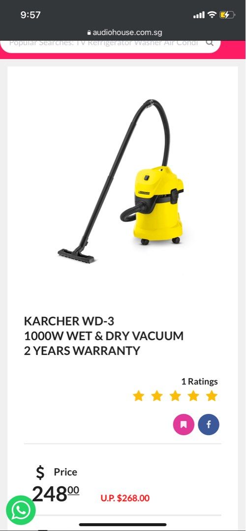 KARCHER WD3 WET/DRY VACUUM CLEANER (1000W), TV & Home Appliances, Vacuum Cleaner & Housekeeping ...
