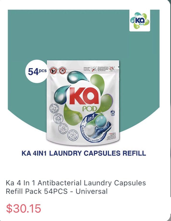 (New Look 54 Capsules) KA 4-in-1 Antibacterial Laundry Detergent Capsules Refill Pack, Furniture ...