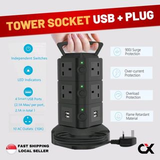 Power Extension Socket Power Strip Vertical Tower Multi Plug UK Socket ...