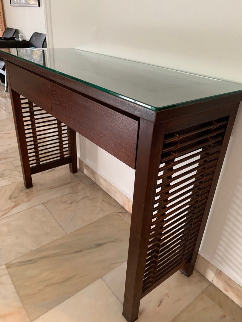 Teak wood console / display table with drawers ( glass top ), Furniture ...
