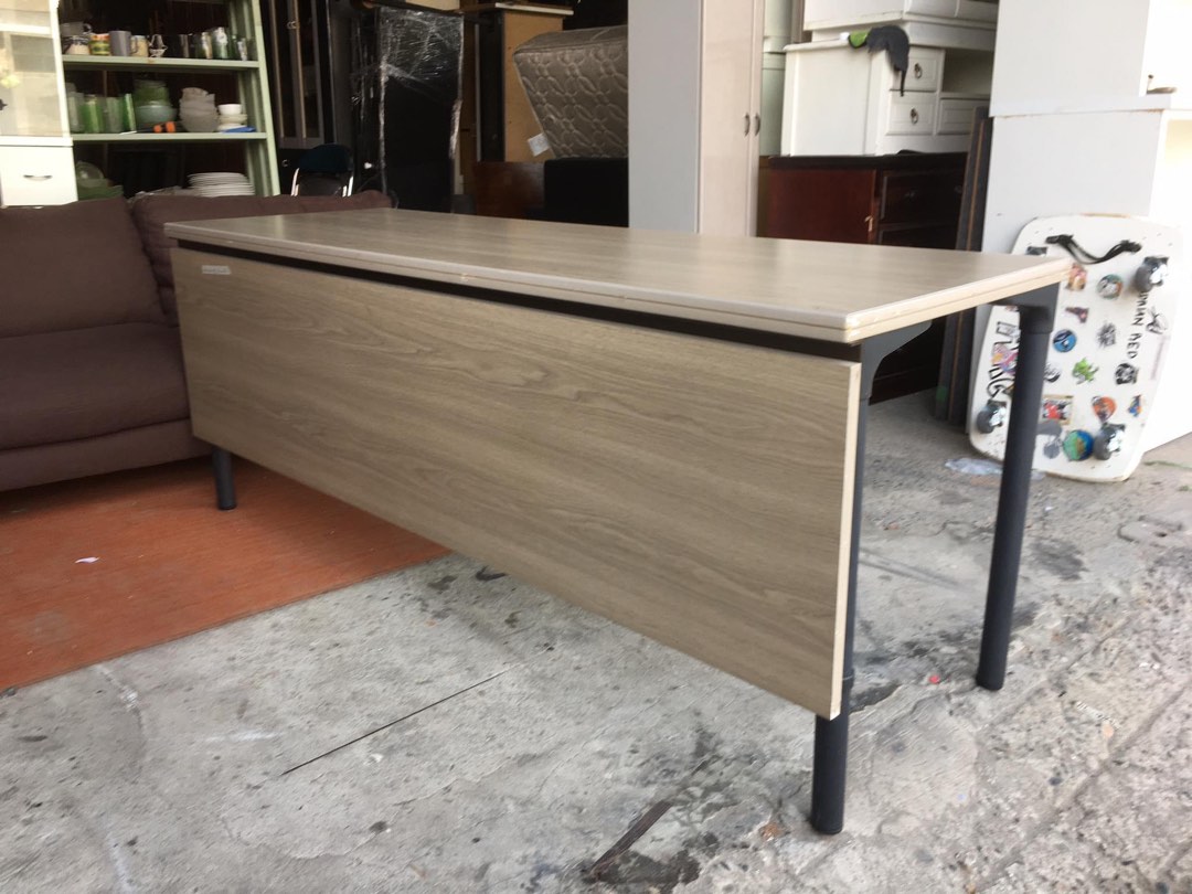 Wooden top steel base long table on Carousell