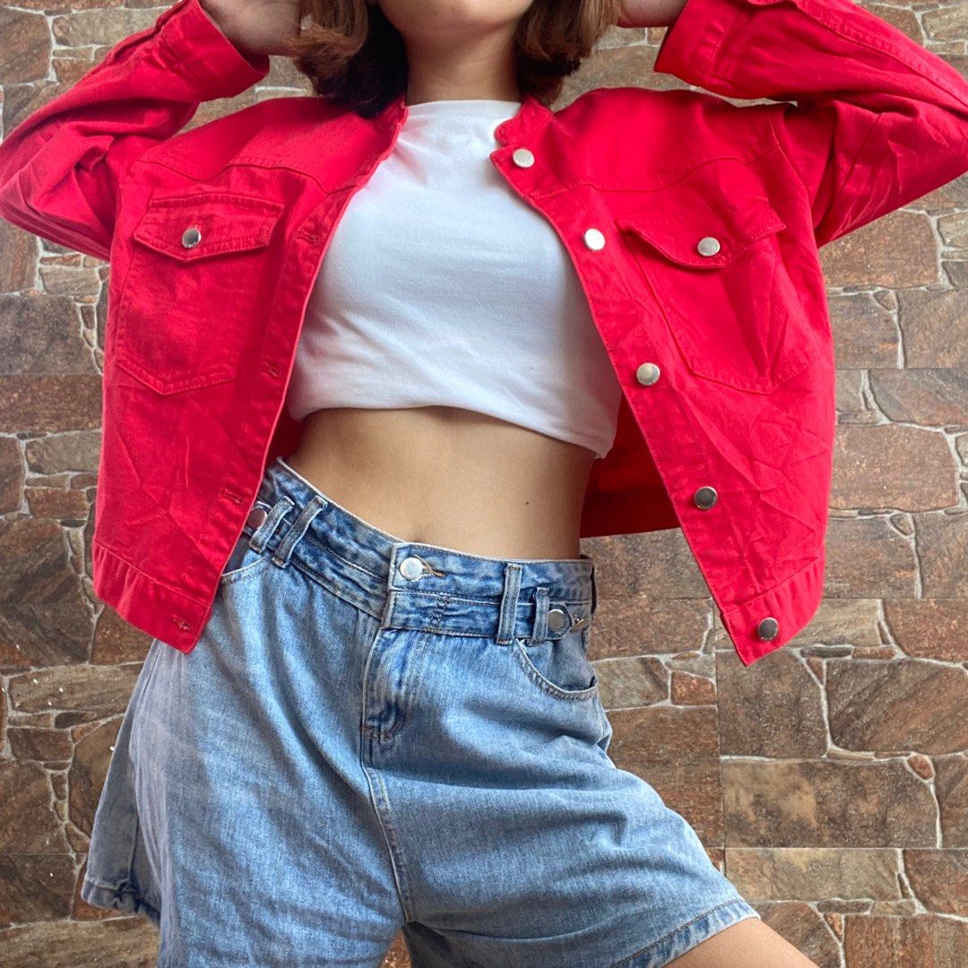 90s Retro Red Denim Jacket, Women's Fashion, Coats, Jackets and ...
