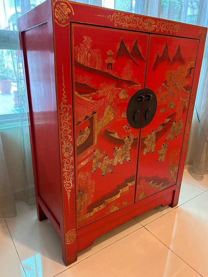 Antique oriental red cabinet, Furniture & Home Living, Furniture ...