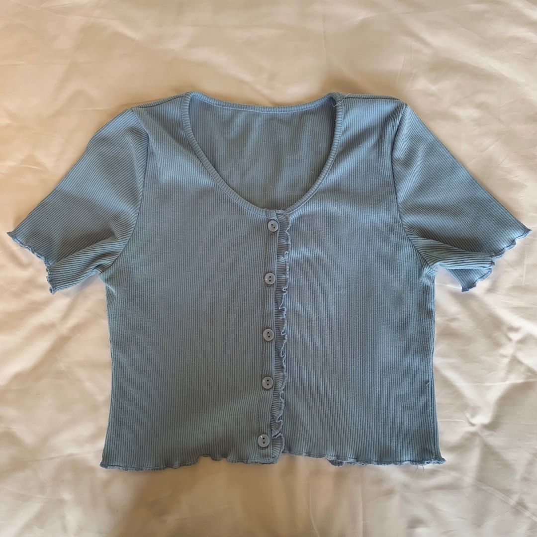 baby blue ribbed crop top y2k biru, Fesyen Wanita, Pakaian Wanita ...