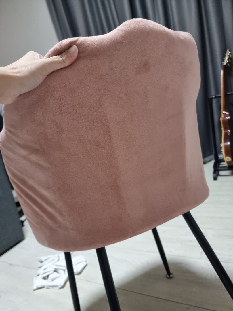 blush pink fabric "seashell" chair with removable cushion, black legs ...