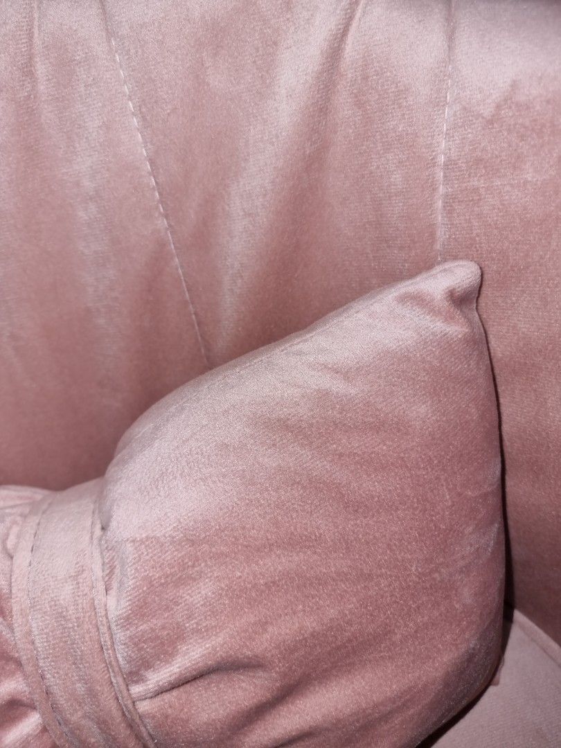 blush pink fabric "seashell" chair with removable cushion, black legs ...