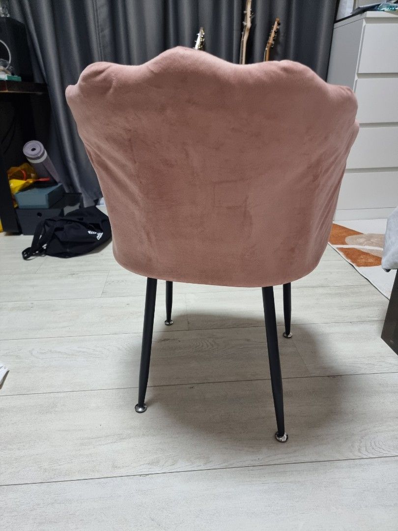 blush pink fabric "seashell" chair with removable cushion, black legs ...
