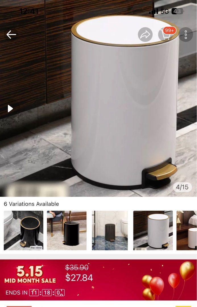 Gold Trim White Dustbin, Furniture & Home Living, Cleaning & Homecare ...