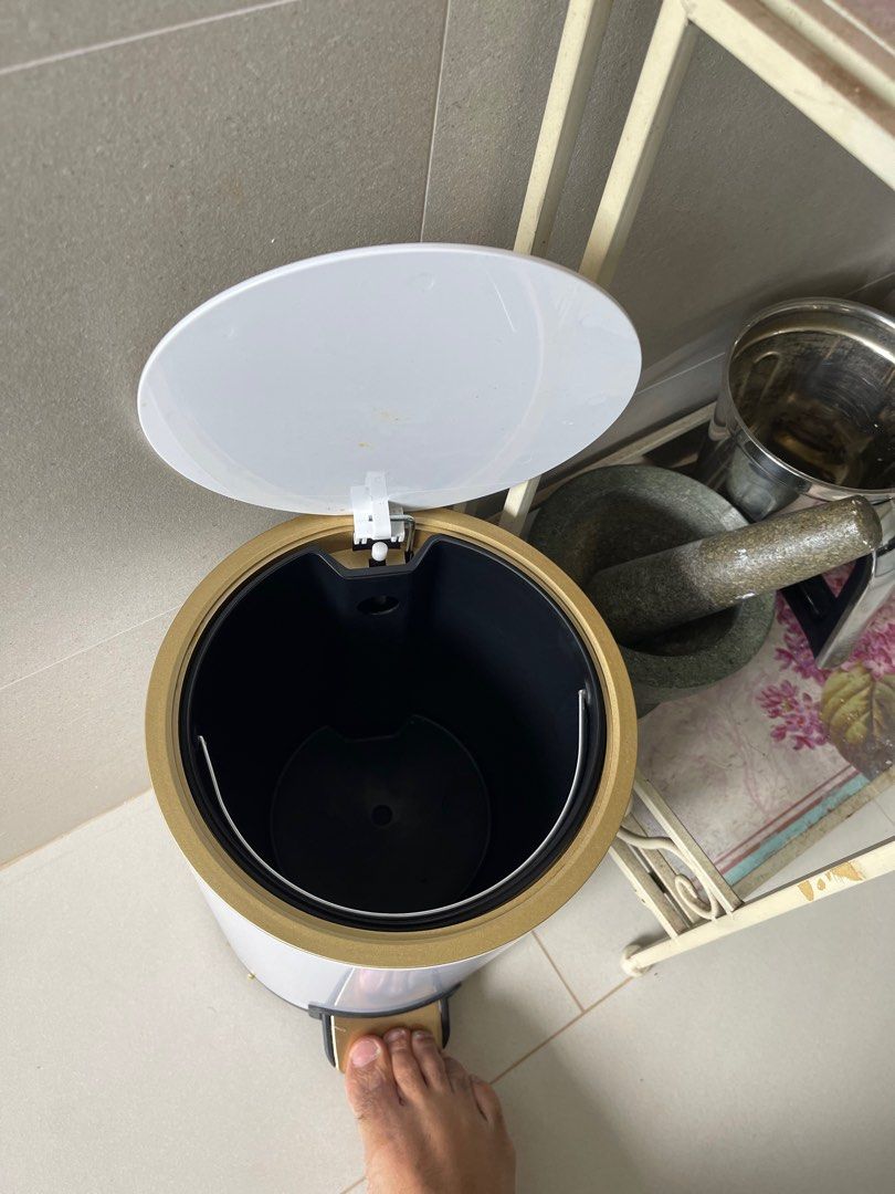Gold Trim White Dustbin, Furniture & Home Living, Cleaning & Homecare ...