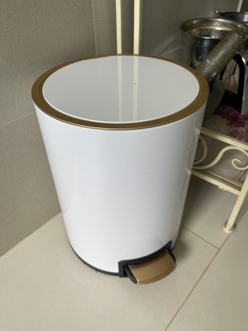 Gold Trim White Dustbin, Furniture & Home Living, Cleaning & Homecare ...