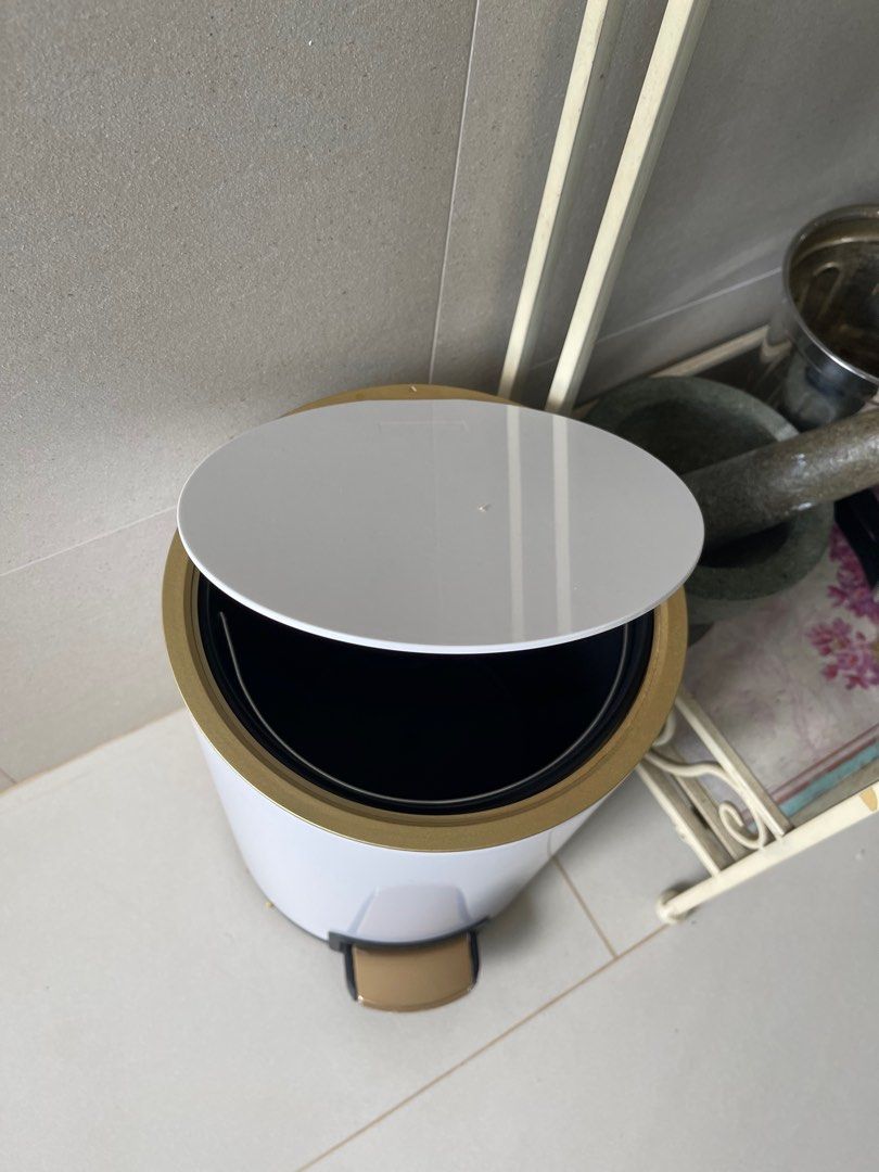 Gold Trim White Dustbin, Furniture & Home Living, Cleaning & Homecare ...