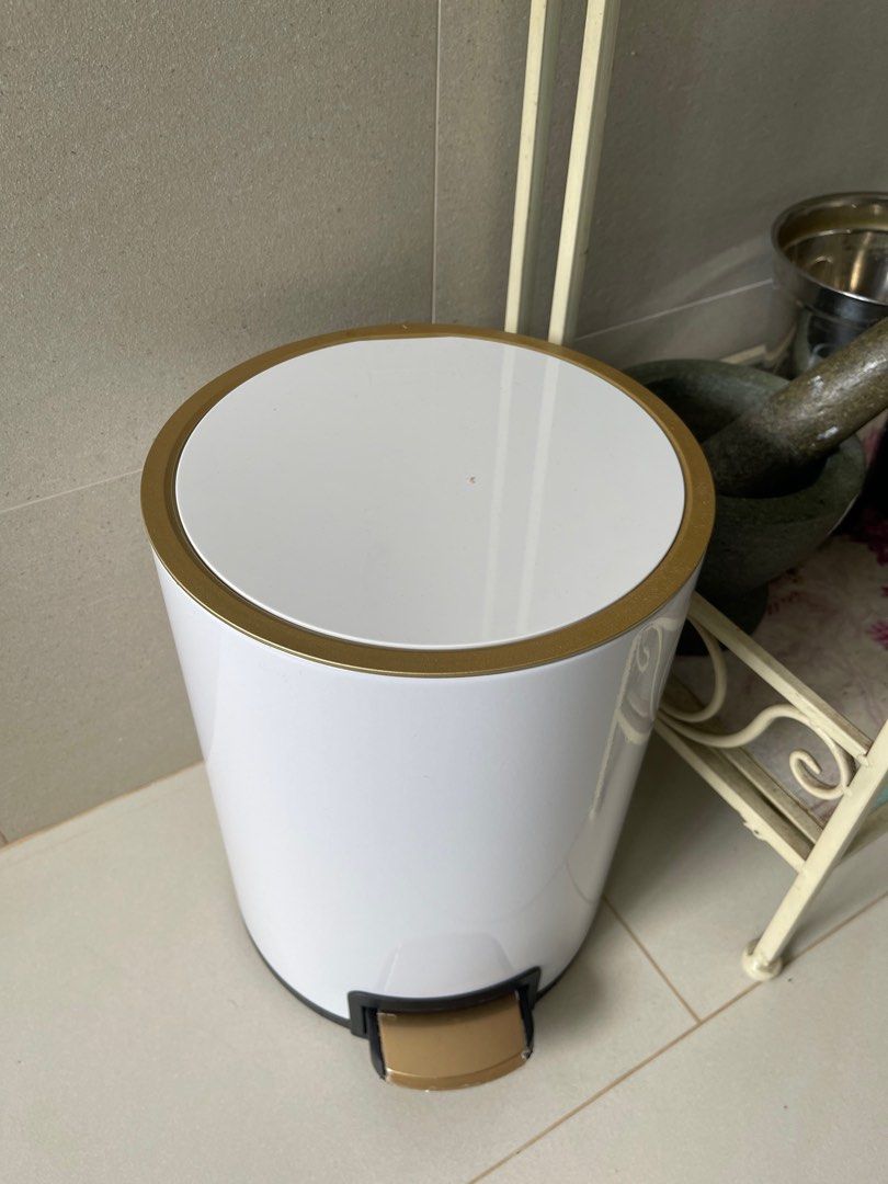 Gold Trim White Dustbin, Furniture & Home Living, Cleaning & Homecare ...