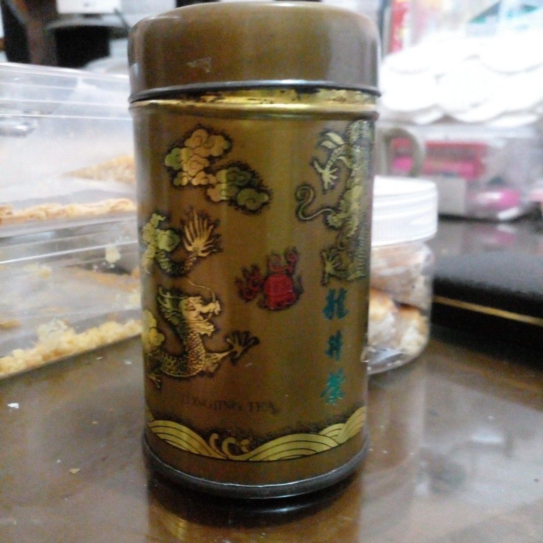 Vintage kaleng chinese famous tea long jing tea masih ada isinya ...
