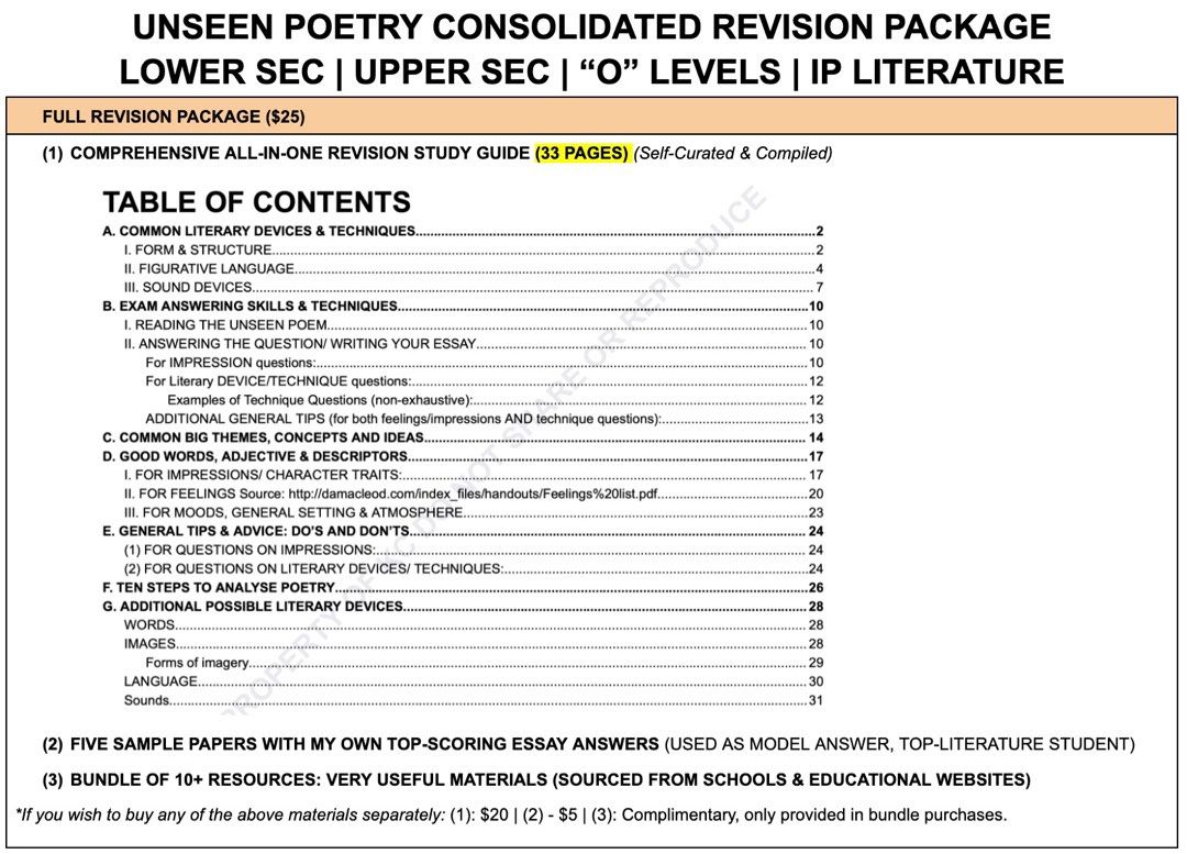 o level literature | unseen poetry revision package notes bundle ...