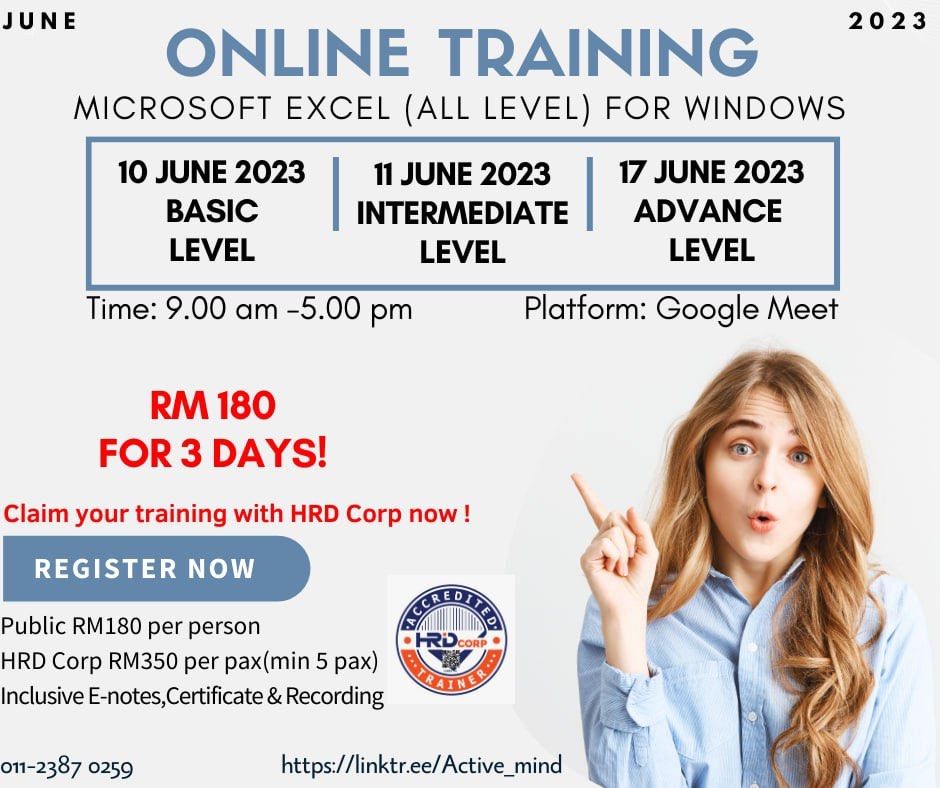 Online Training Microsoft Excel all level RM180 for 3 days, Announcements on Carousell