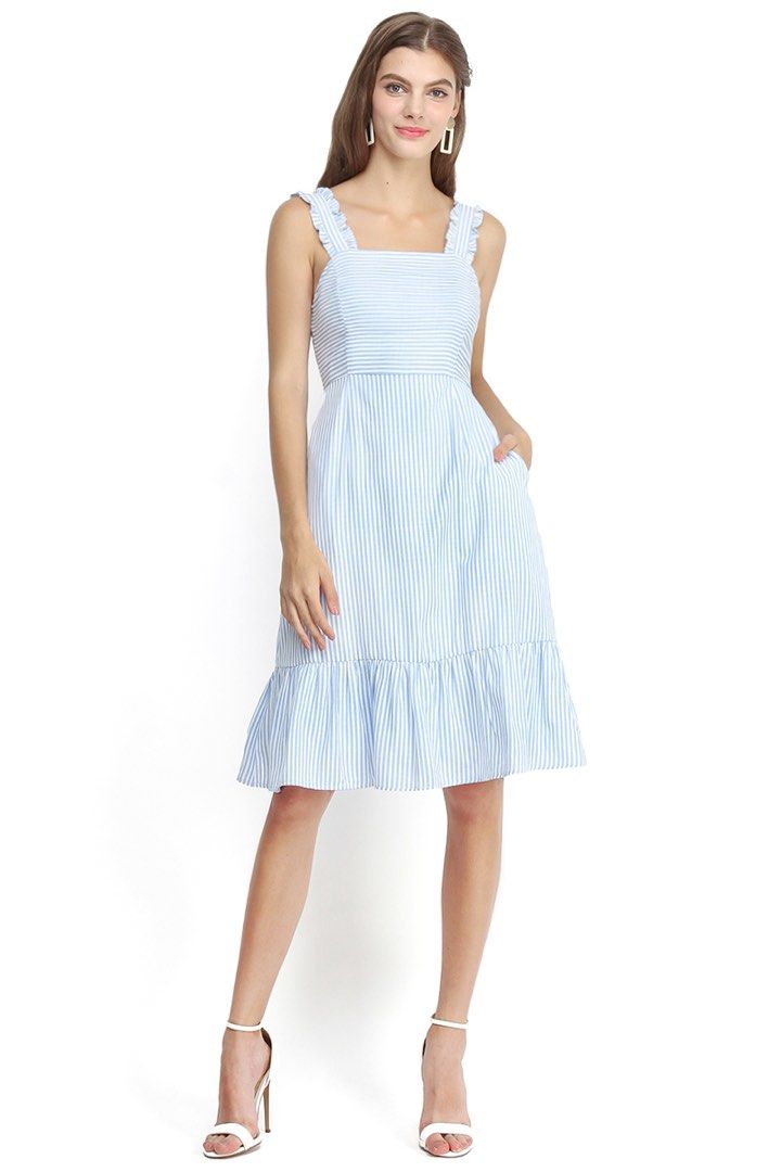 (S) Ruffles Straps Striped Midi Dress in Blue X White, Women's Fashion, Dresses & Sets, Dresses ...