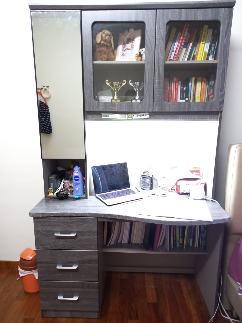 Study Desk with drawers and storage glass cabinet and built-in table lamp light, Furniture ...