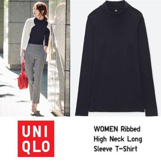 UNIQLO rib high neck long sleeve top, Women's Fashion, Tops ...