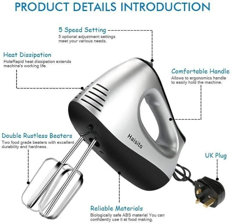 1306) ELECTRIC HAND MIXER, 5 SPEED 450 W POWERFUL HANDHELD WHISK FOR ...