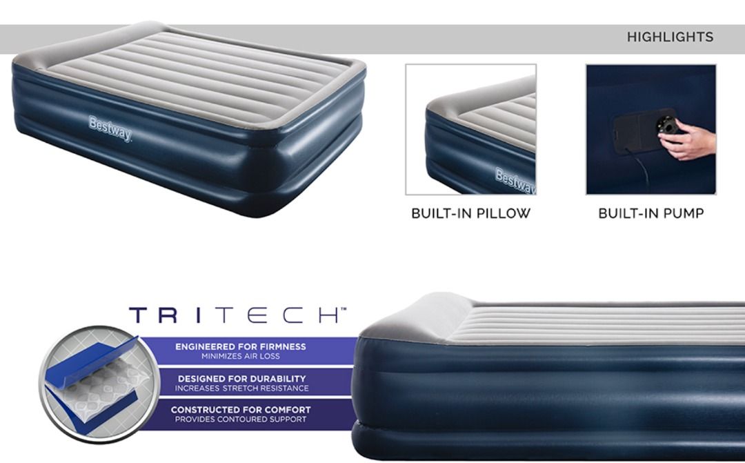Bestway Tritech Inflatable Air Mattress 18-inch, Queen, with Built-in Air Pump (Item Code 479 ...